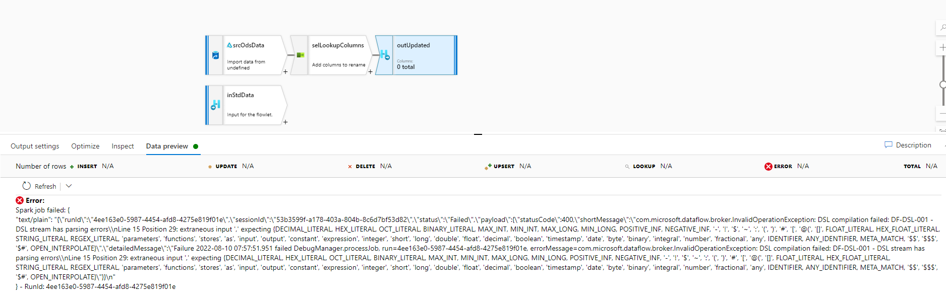 Flowlet Invalidoperationexception When Using Data Preview After Select Microsoft Qanda