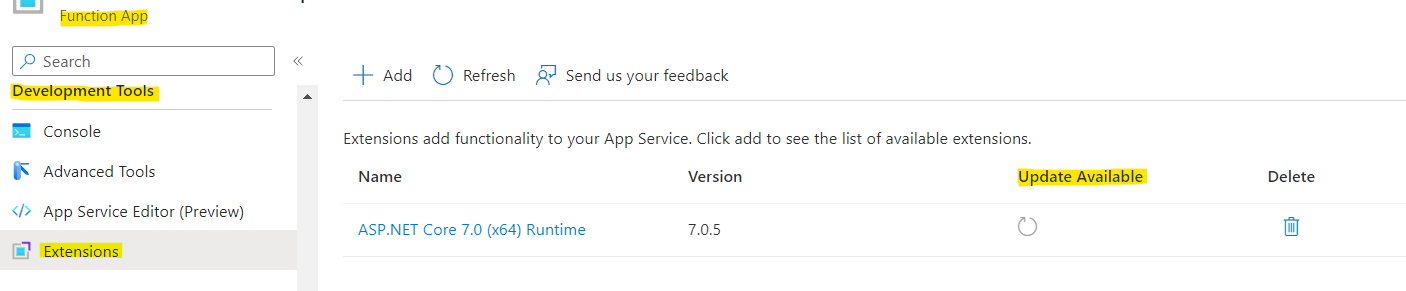 How to update a particular extension of an Azure Function? - Microsoft Q&A