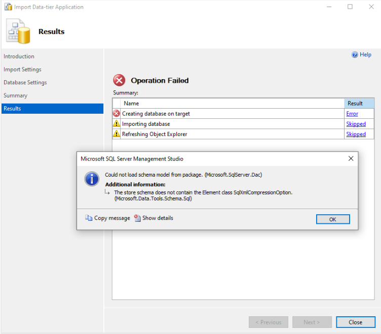 The store schema does not contain the Element class SqlXmlCompressionOption. - Microsoft Q&A