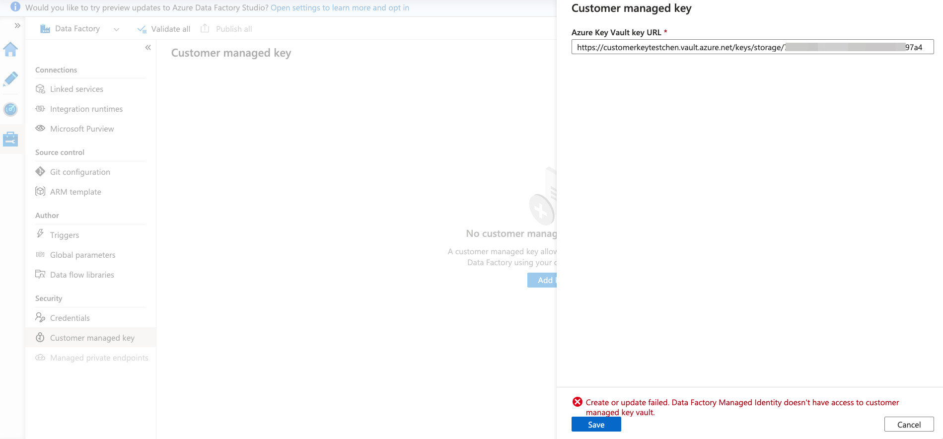 ADF - You cannot add CMK settings for factories with existing entities ...