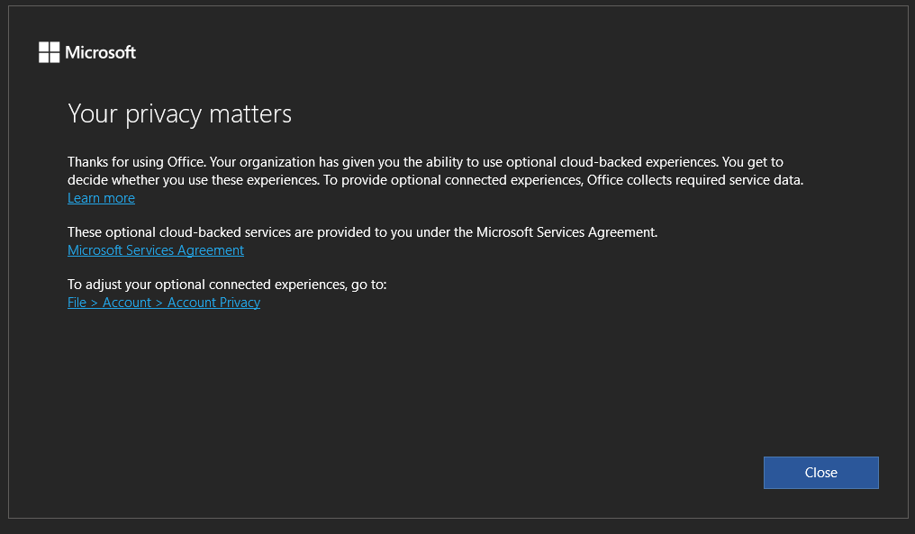 Updating to O365 2202 Semi-Annual and users are seeing Privacy messages ...