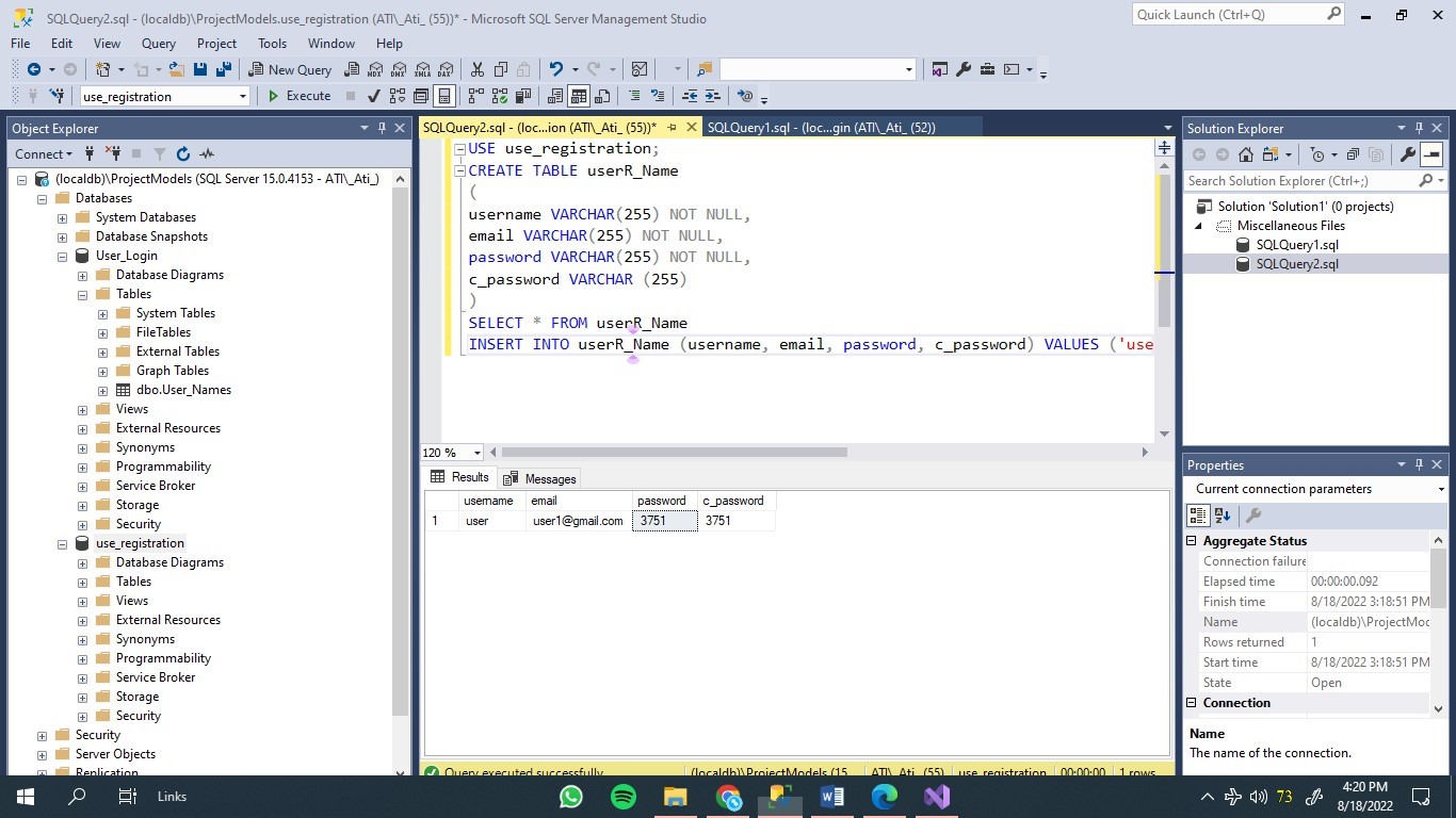 I am trying to connect microsoft sql with my registration but it's ...