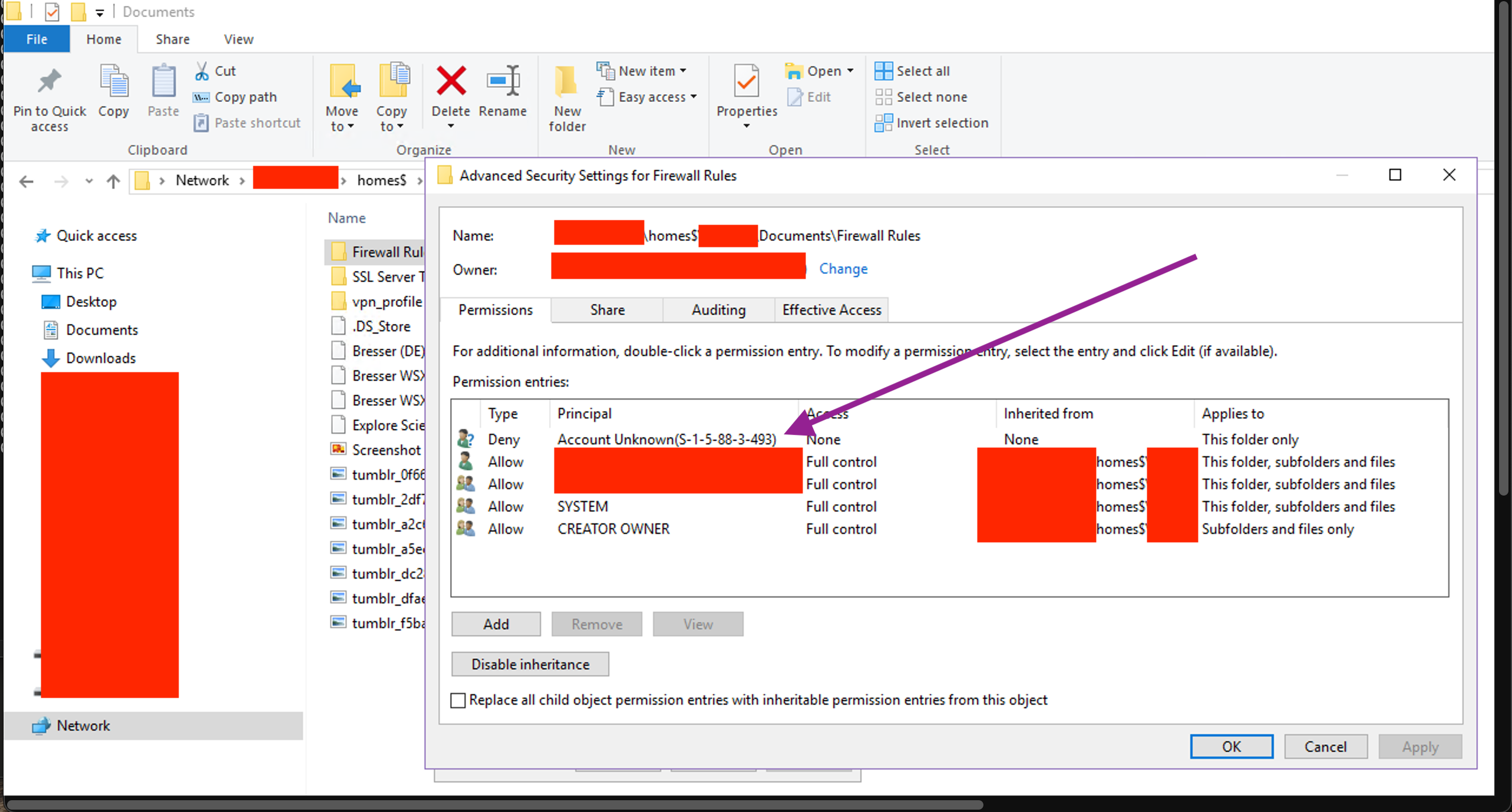 Account unknown on Security tab created after synchronizing files/folders from a MacOS system to ...