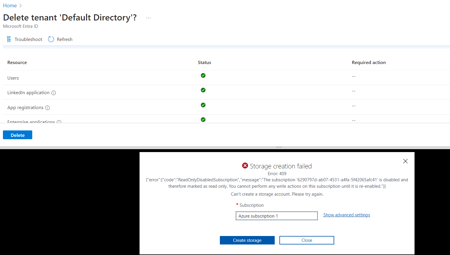 Unable to delete tenant Default Directory. Known issues exist where some enterprise applications ...