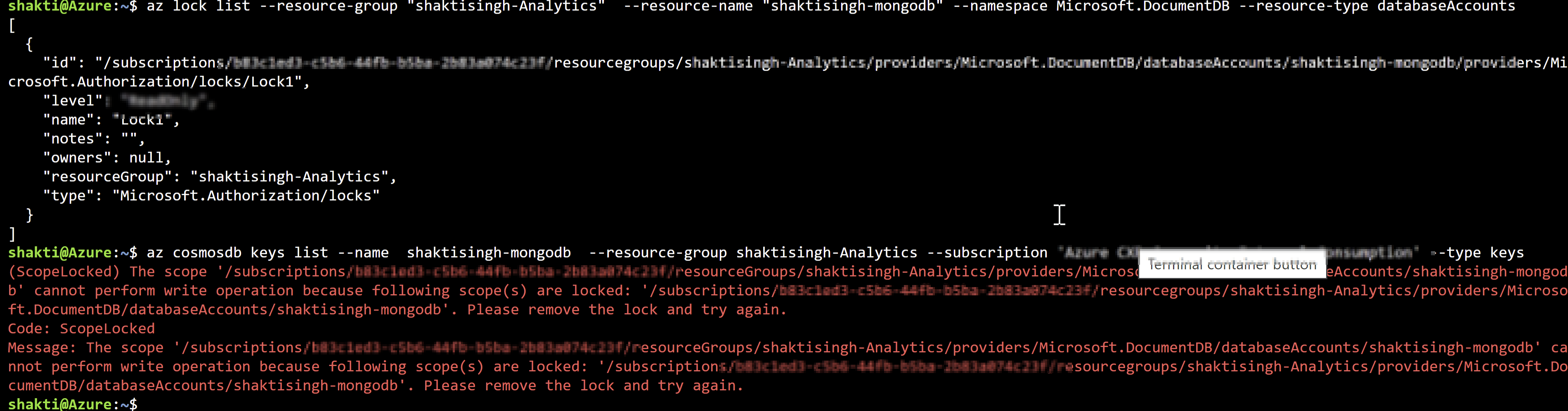 Cosmosdb Account With Enabled Lock On The Not Possible To List Write Keys And To Have Backups
