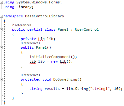 Calling code in library.cs from a control of BaseControlLibrary ...
