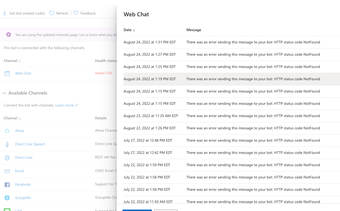 There Was An Error Sending This Message To Your Bot Status Code Notfound Microsoft Qanda