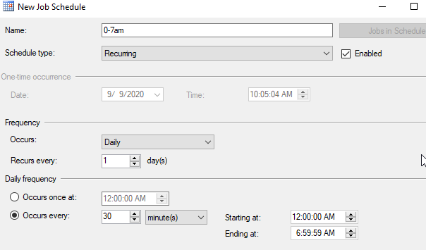 How to run sql agent job in ssms every 30 minutes except during a ...