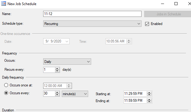 How to run sql agent job in ssms every 30 minutes except during a ...