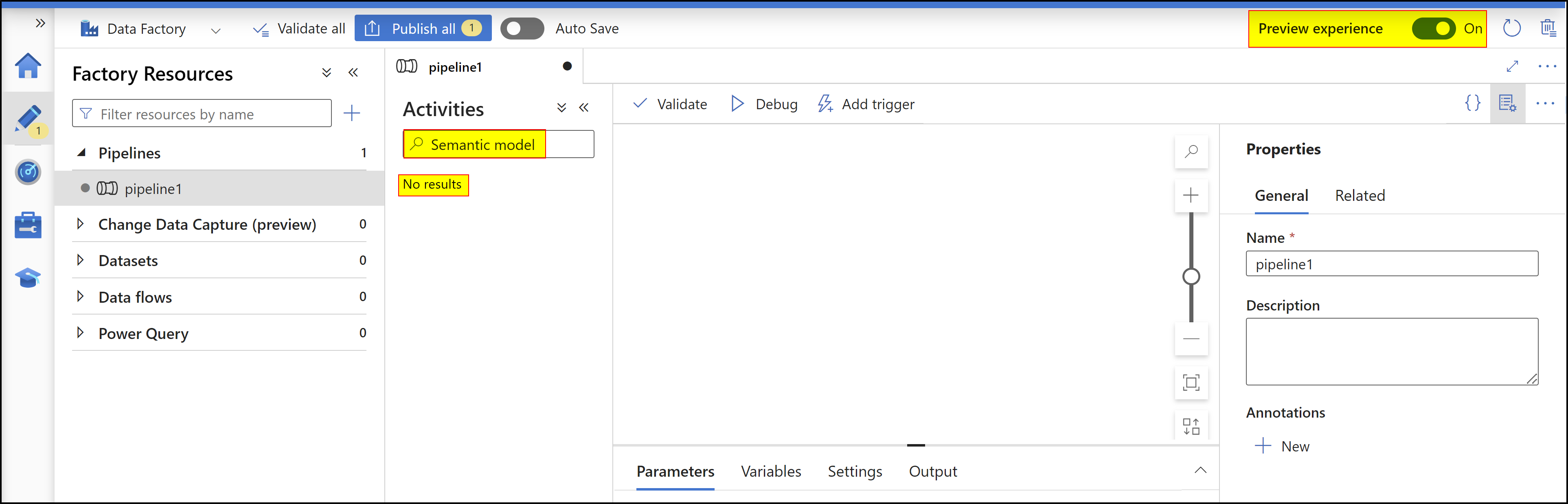 I have enabled ADF Studio preview feature - but I cannot see the Preview Semantic Model Refresh ...