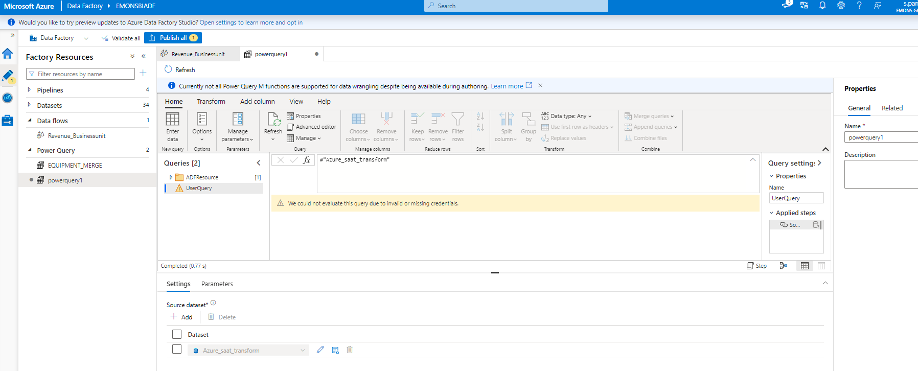 Azure datafactory + Power query: We could not evaluate this query due to invalid or missing ...