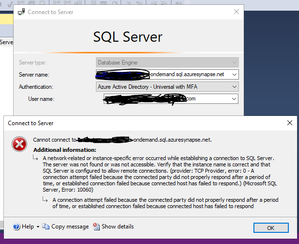 Azure Serverless Synapse is throwing an error while connecting from ...