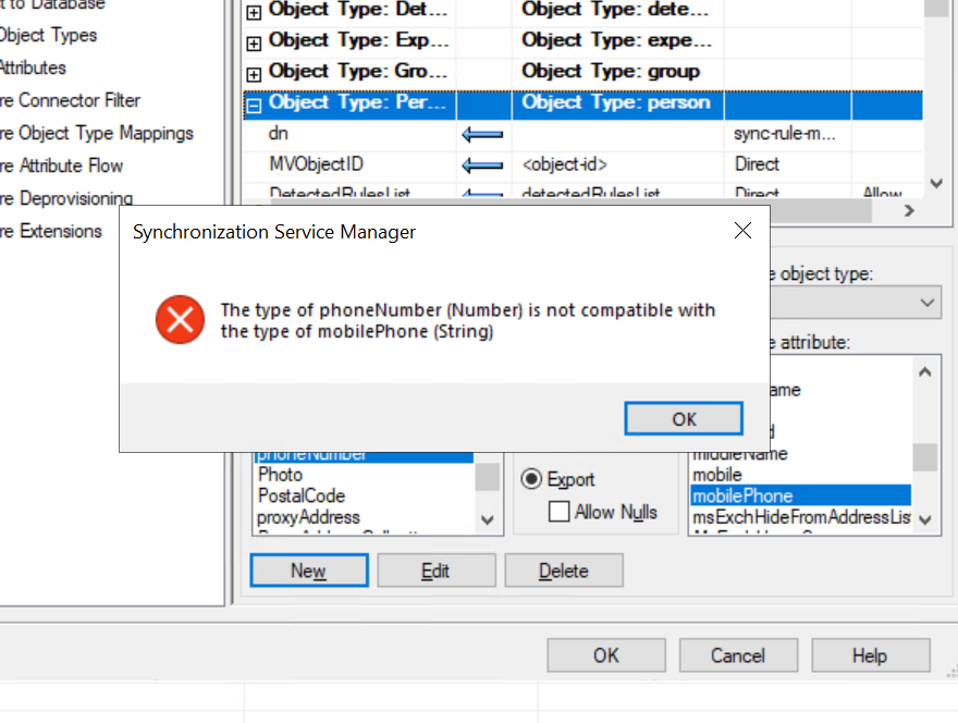 Data Type Mismatch Bw In Mim Sync While Adding In Export Flows Of