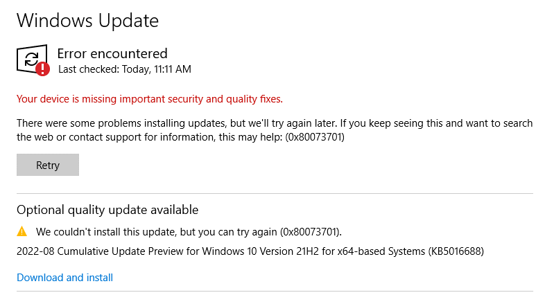 Windows 10 Pro 21h2 For X64 (kb5016616) Updates Failing To Install