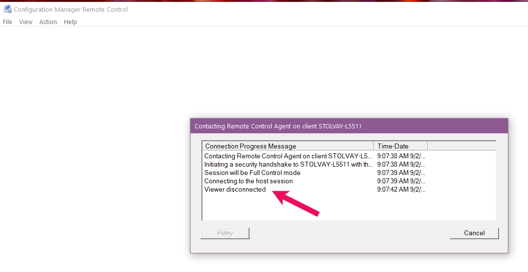 Connection progress message, indicates "Viewer Disconnected ...
