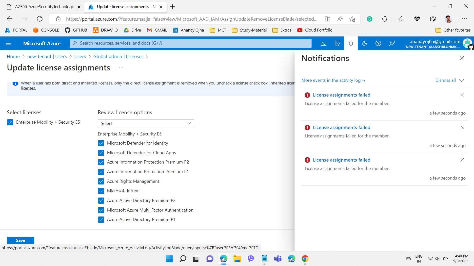 Failed to assign enterprise mobility + Security E5 licence to AAD users ... Failed to assign enterprise mobility + Security E5 licence to AAD users ...