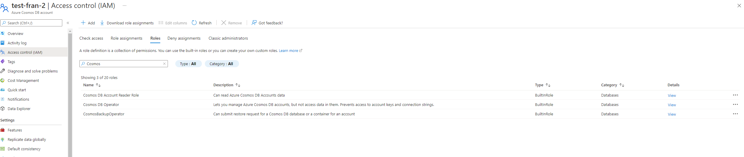 Missing Cosmos Db Built In Data Reader And Cosmos Db Built In Data Contributor Roles Microsoft Qanda
