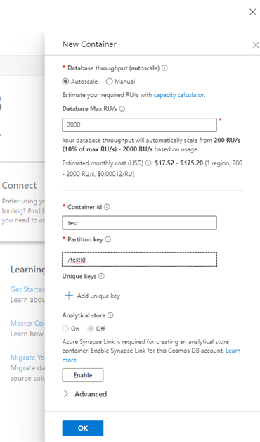 Cant Create Container With Dedicated Throughput In Cosmos Sql Microsoft Qanda