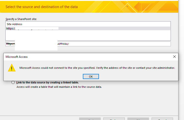 Microsoft Access Could Not Connect To The Site You Specified Verify The Address Of The Site