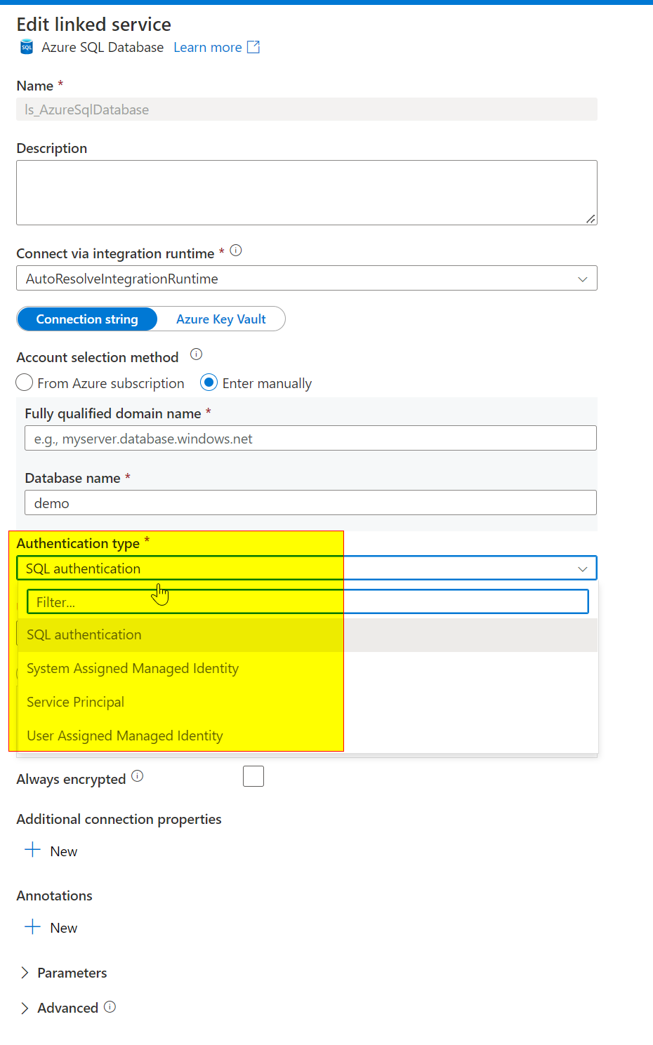 Does Linked Service In Data Factory Supports Ad Authentication To Connect To Azure Sql Db 1996