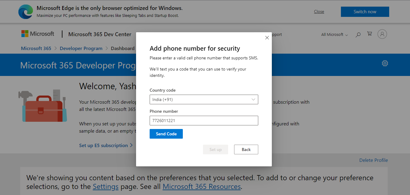 Not getting OTP for creating new Sandbox for activating M365 Developer ...