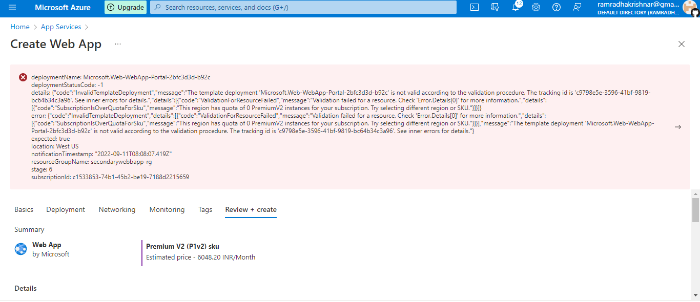 Unable to deploy webapplication in all regions expect east us ... Unable to deploy webapplication in all regions expect east us ...