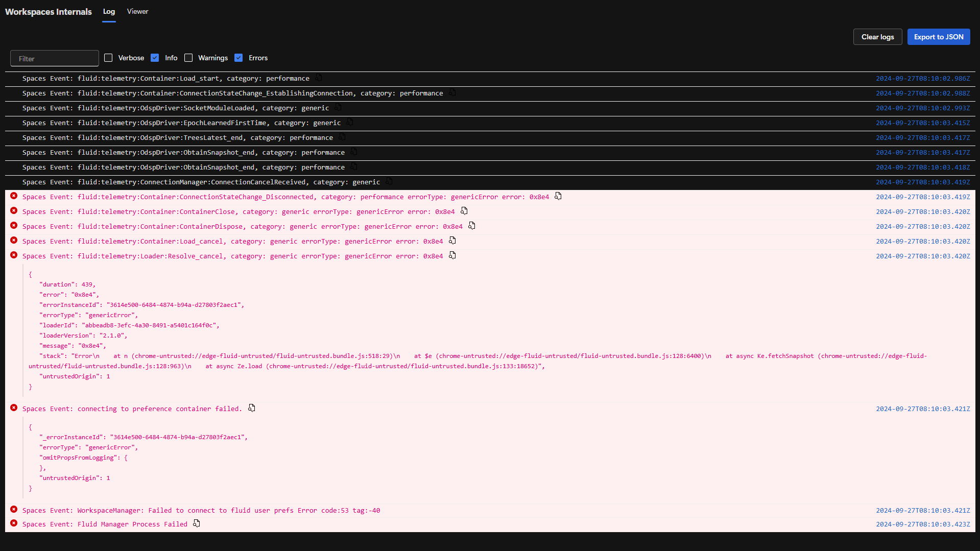 How to fix "Spaces Event: WorkspaceManager: Failed to connect to fluid user prefs Error code:53 ...