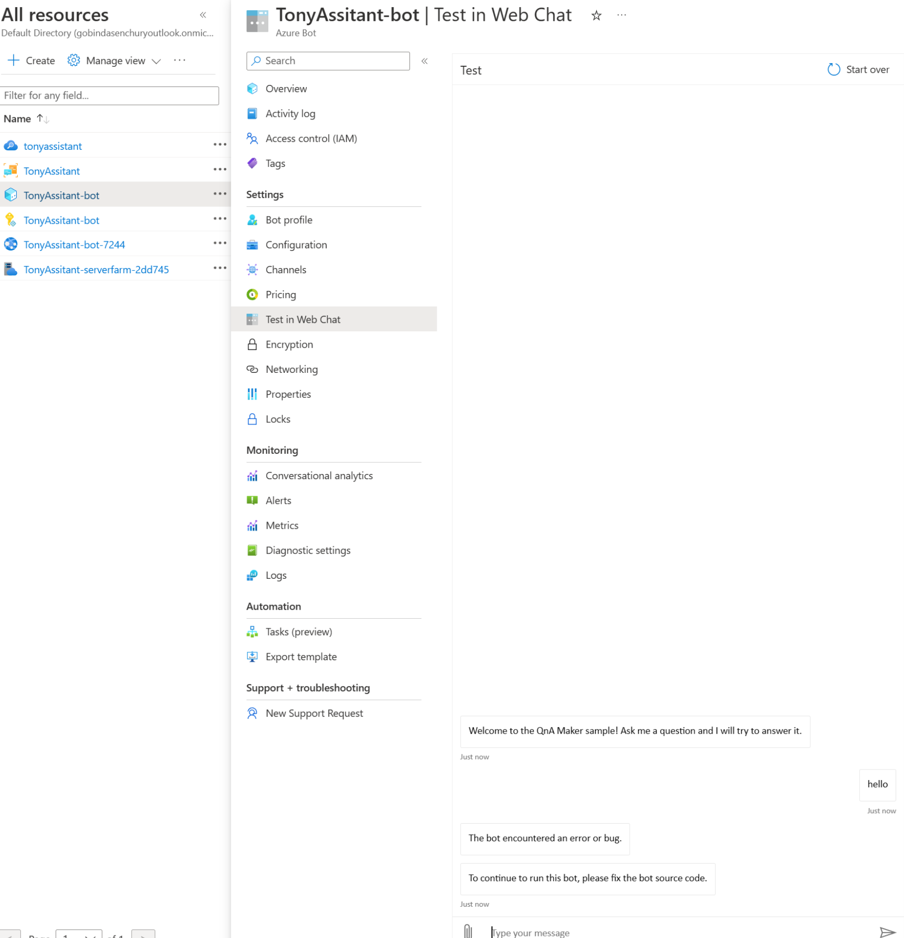 Azure Bot Giving Error In Web Test Chat To Continue To Run This Bot Please Fix The Bot Source