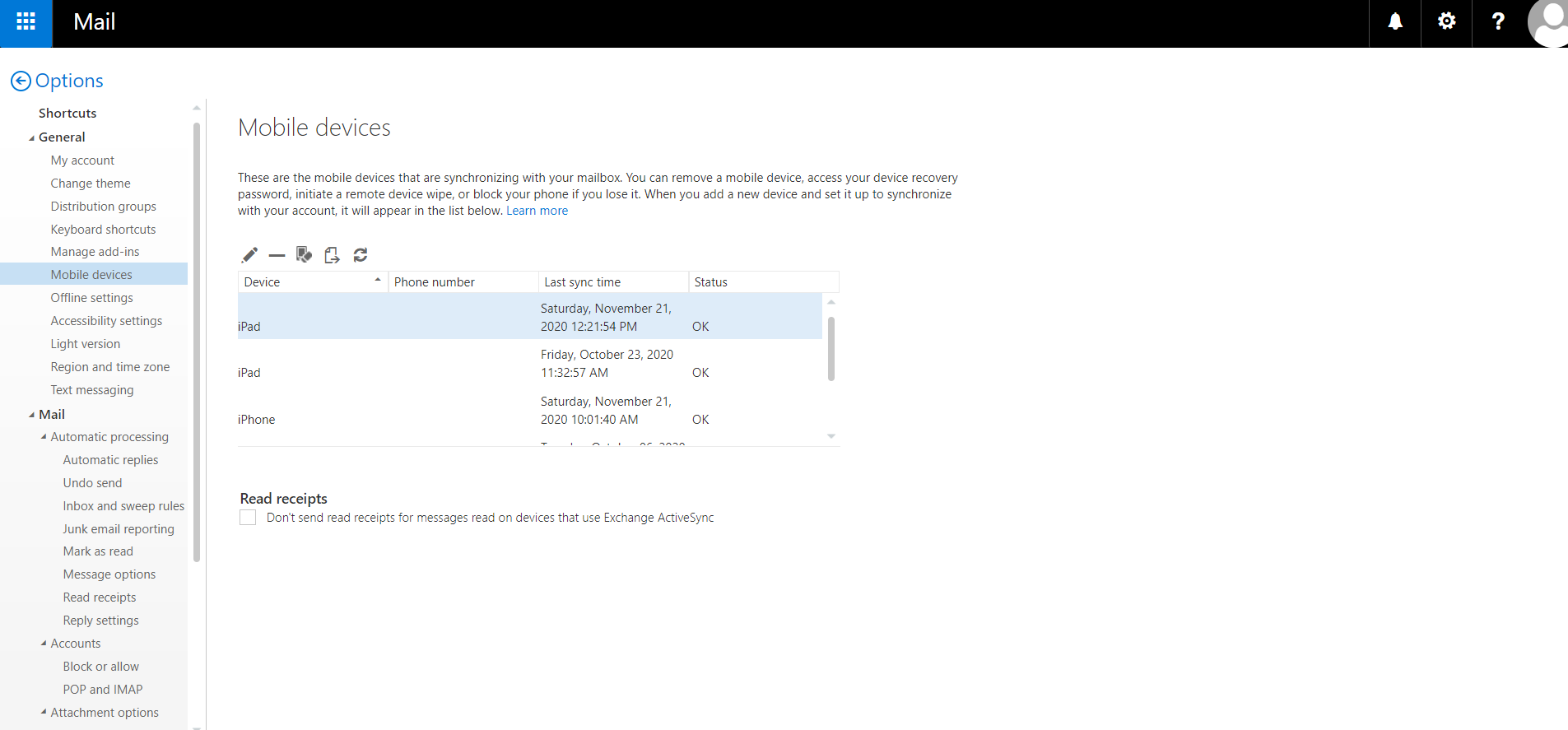 Using OWA > Settings > Options > General > Mobile Devices cannot remove ...