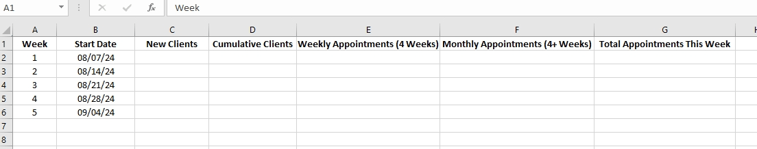 Creating an Excel sheet to track client appointment numbers ...