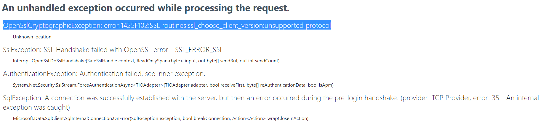 Opensslcryptographicexception Error 1425f102 Ssl Routines Ssl Choose Client Version Unsupported