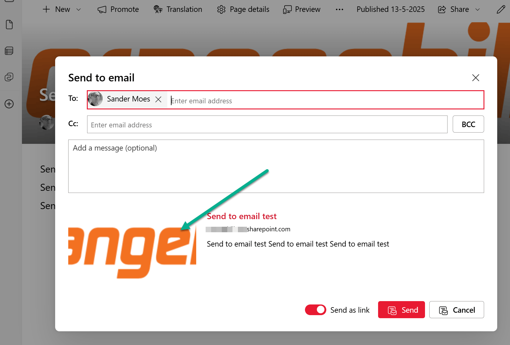 SharePoint page "Send to email" (send as link) no longer includes the ...