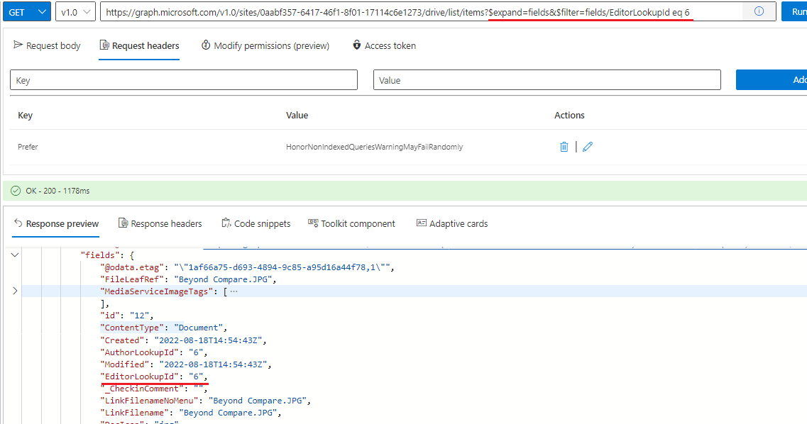 How to filter DriveItems with "lastModifiedBy"-User? - Microsoft Q&A