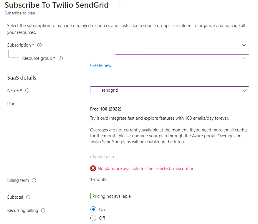 Cannot Create Twillo Sendgrid In Azure Csp Subscription Microsoft Qanda