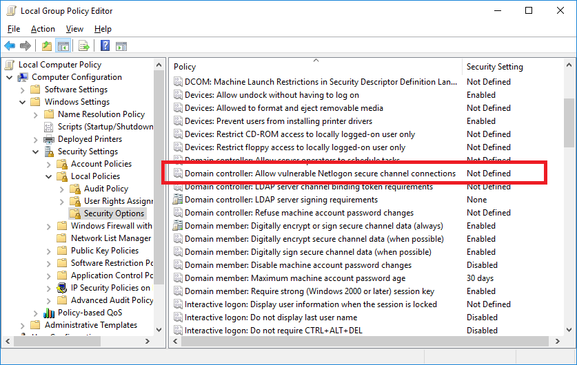 "Domain controller: Allow vulnerable Netlogon secure channel ...