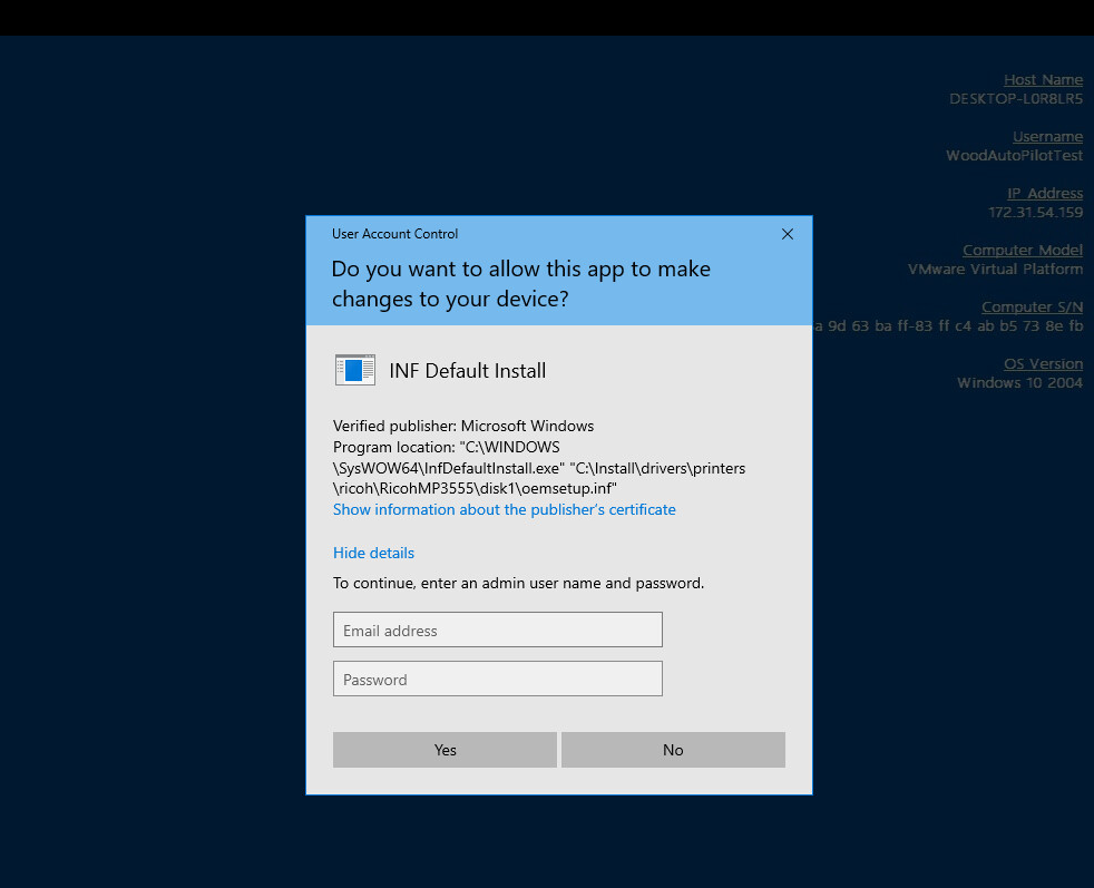 Installing INF by app via company portal. Admin creds being prompted ...
