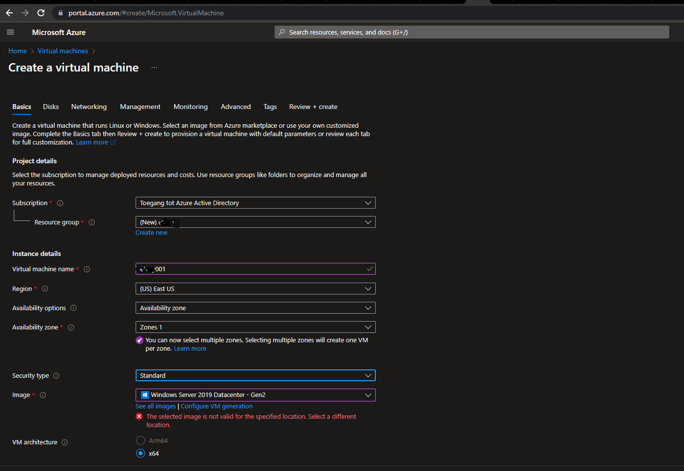 The selected image is not valid for the specified location. Select a different location ...