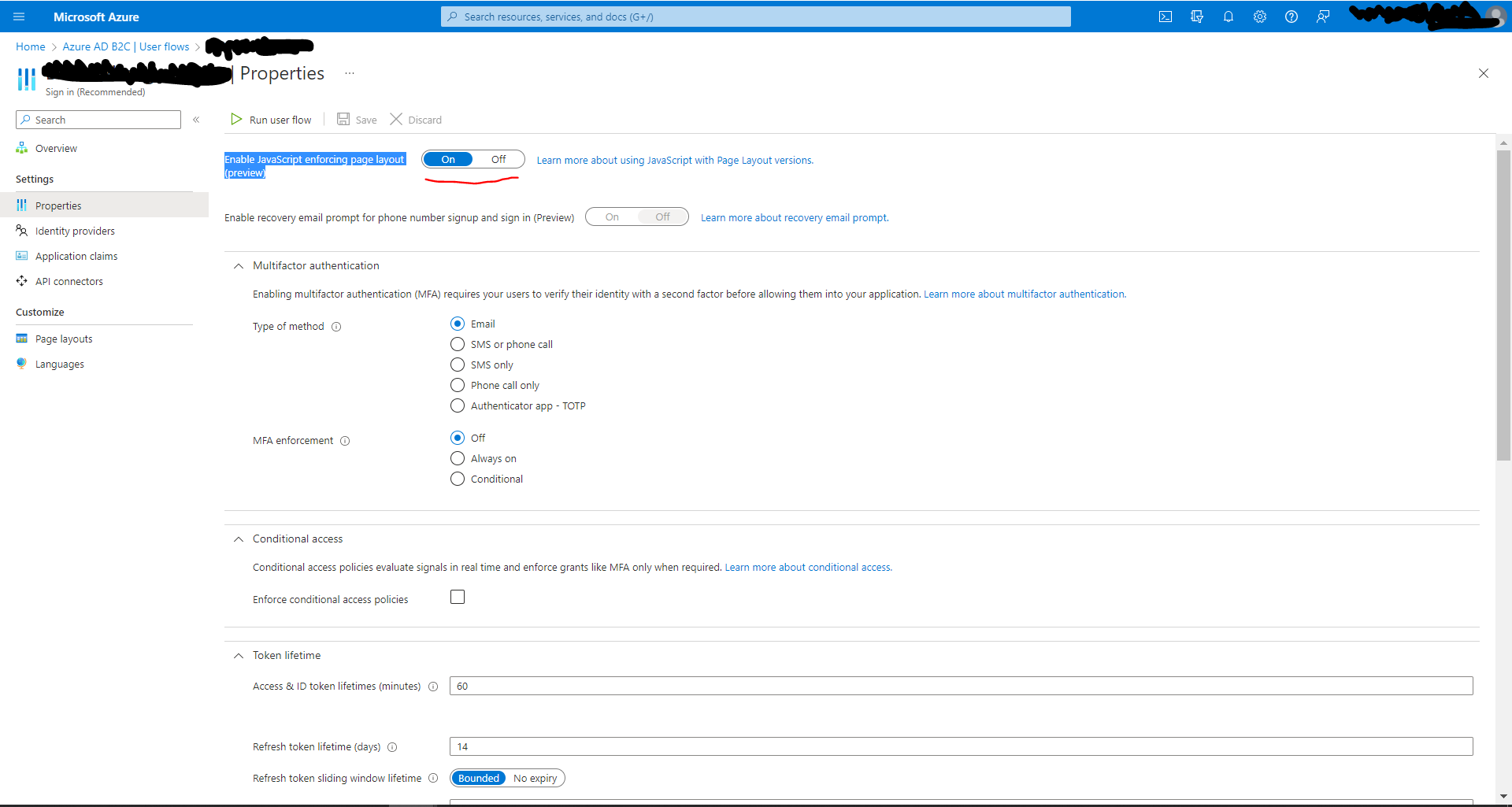 Azure B2c User Flows Bug Javascript Enabled Option Keeps Getting Switched To Disabled On