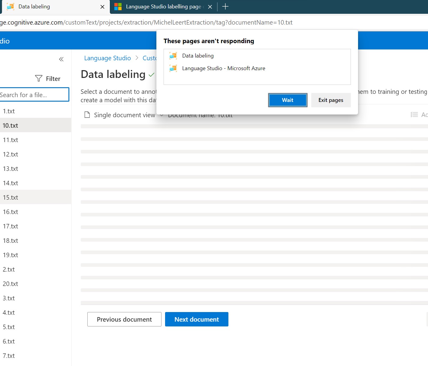 Language Studio labelling page does not respond - Microsoft Q&A