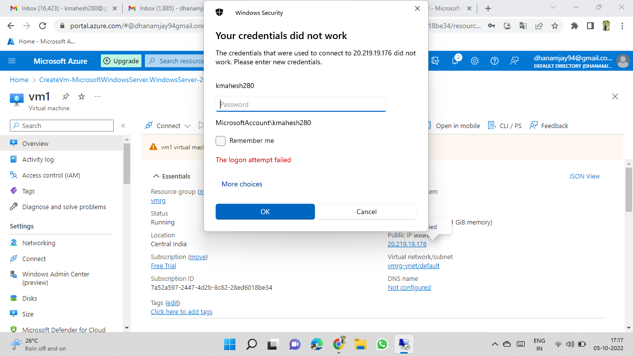 vm connection error - Microsoft Q&A