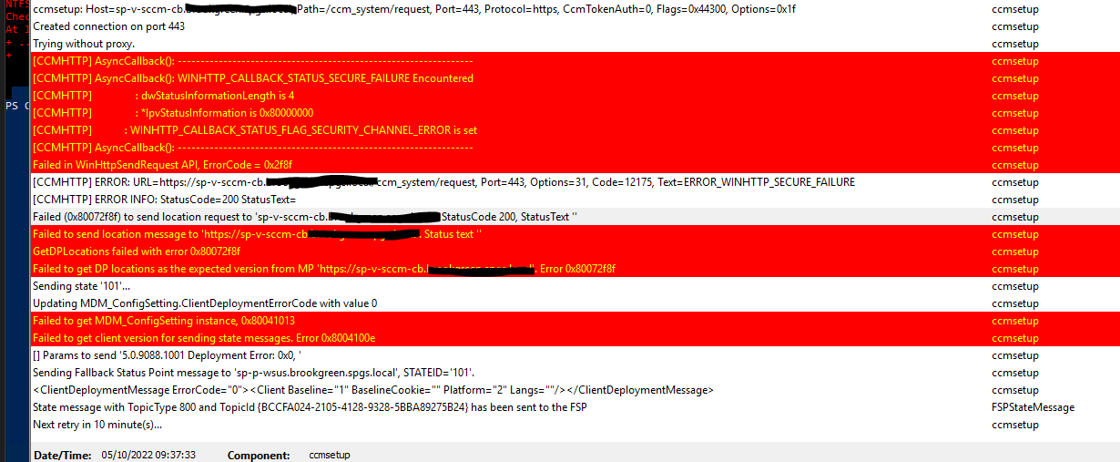 [Solved] ONE machine SCCM 2207 client fails - Failed in WinHttpSendRequest API, ErrorCode ...