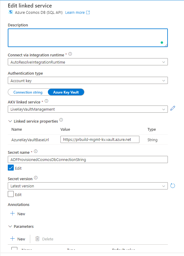 How To Configure A Linked Service To Cosmos Db Sql Api With A Linked Service To Azure Key