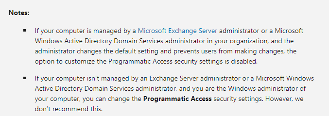 Unable to disbale the Programmatic access option on my outlook 2021 ...