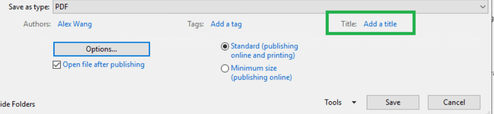 Word => save as => PDF window options => file name instead of document title - Microsoft Q&A