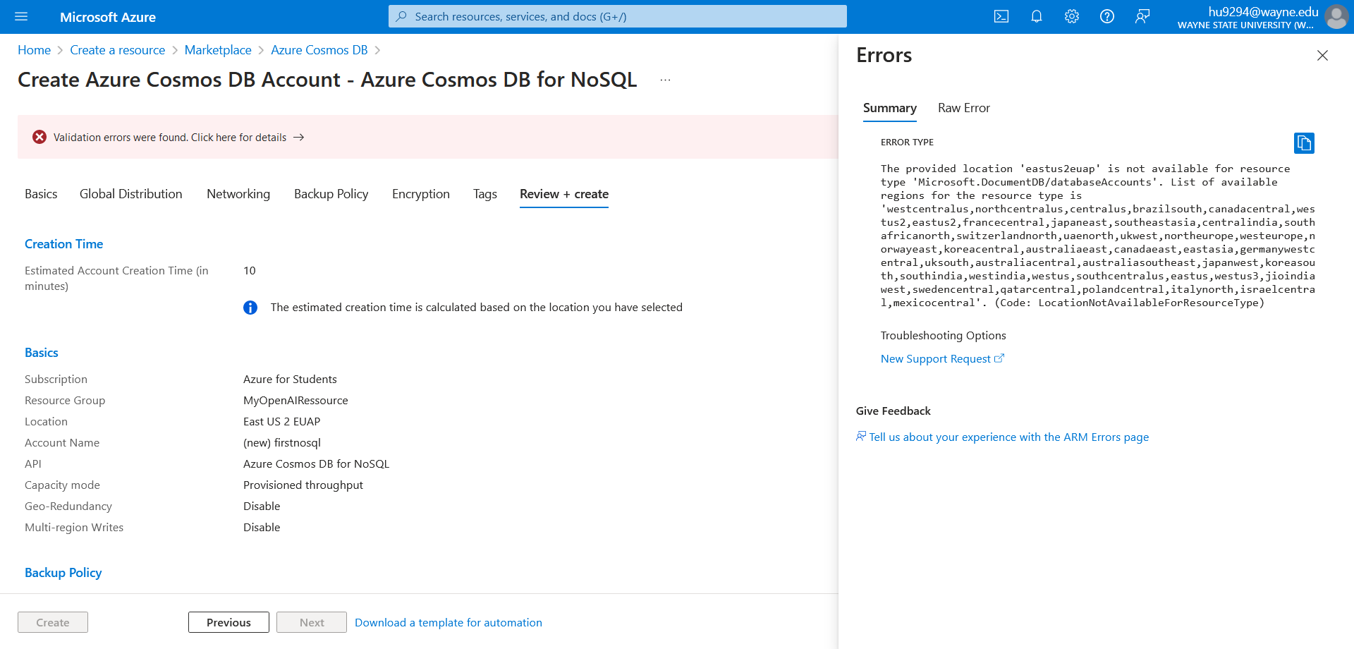 Problem with working with setting up CosmosDB NoSQL - Microsoft Q&A