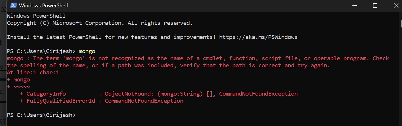 Error while executing 'mongo' cmd in Power shell - Microsoft Q&A Error while executing 'mongo' cmd in Power shell - Microsoft Q&A