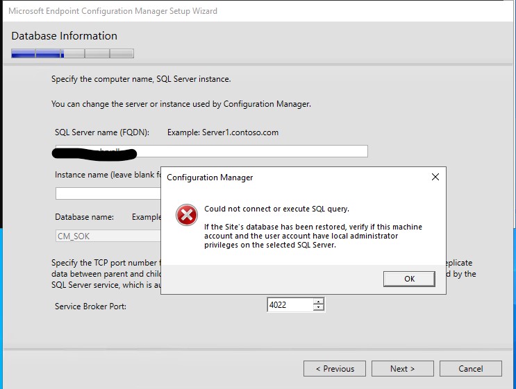 Sccm Trying To Re Configuration Sql Server Microsoft Qanda