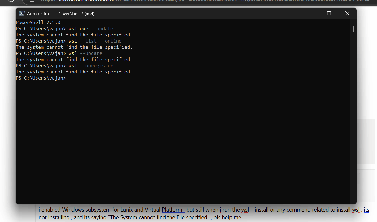 Cannot Install WSL (The System cannot find the File specified) - Microsoft Q&A
