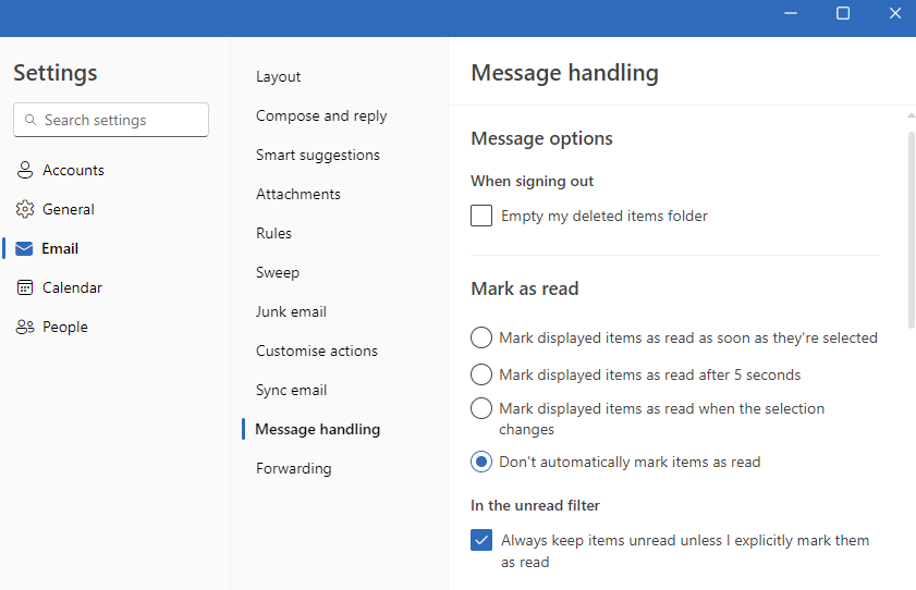 In new Outlook, how to remain it Unread when click new Email once ...
