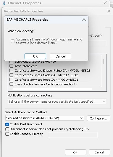 Windows 11 Network Adapter Authentication TEAP Properties EAP MSCHAPv2 When connecting Grey Out ...